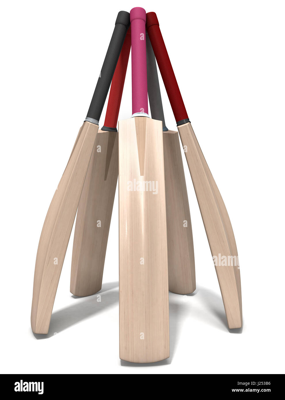 A circular array of generic cricket bats on an isolated white ...