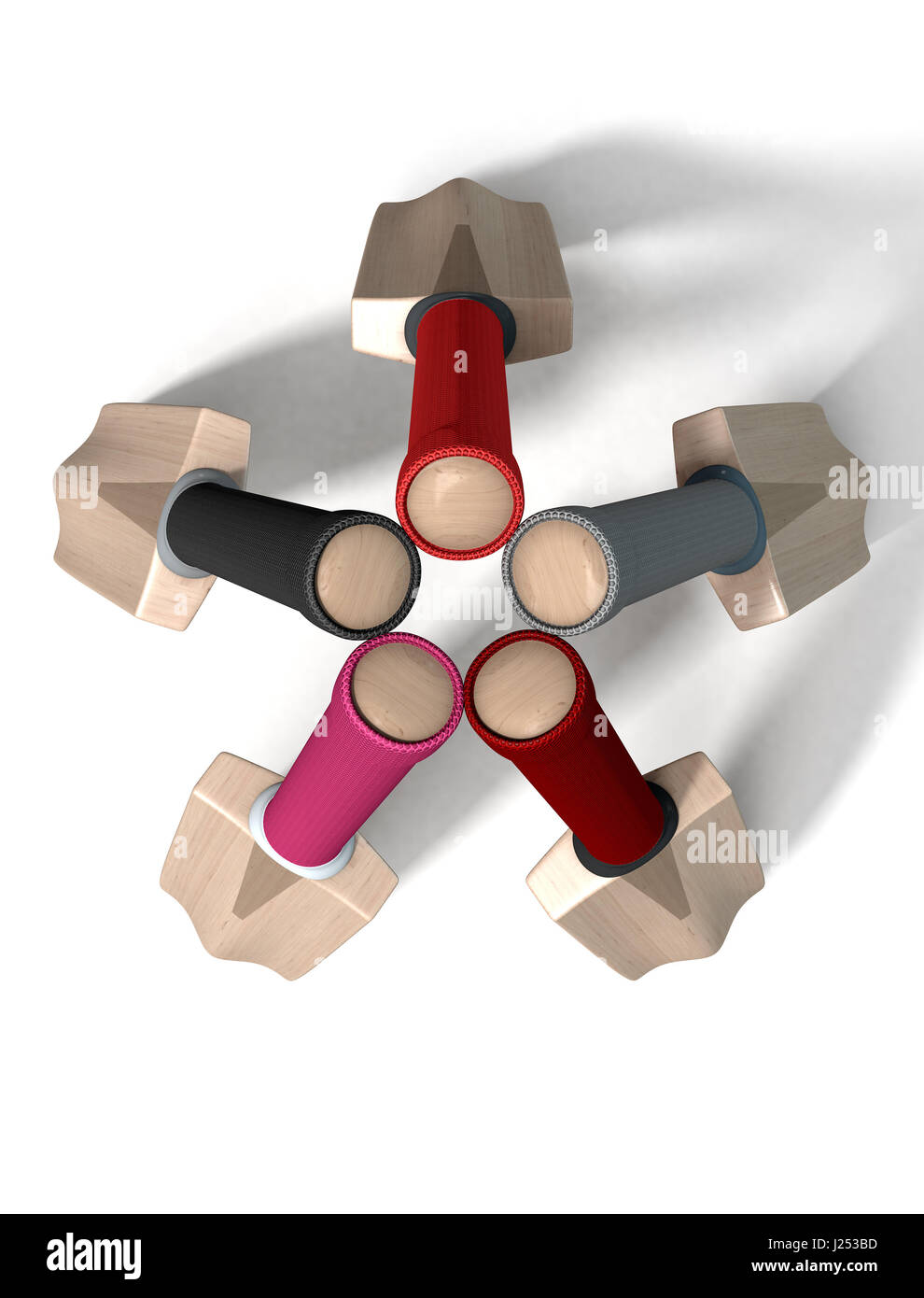 A circular array of generic cricket bats on an isolated white ...