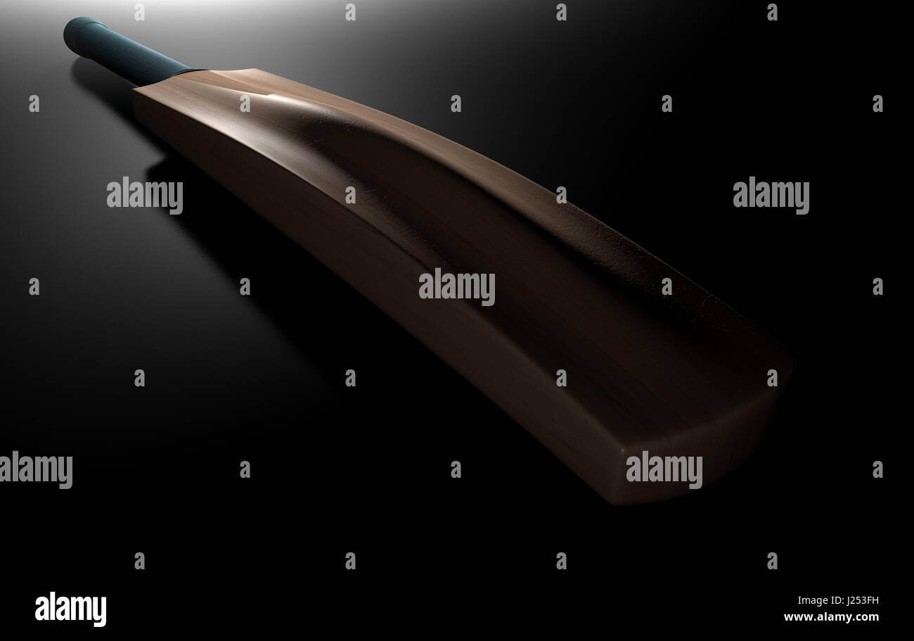 A dramatically lit generic wooden cricket bat on an isolated dark ...