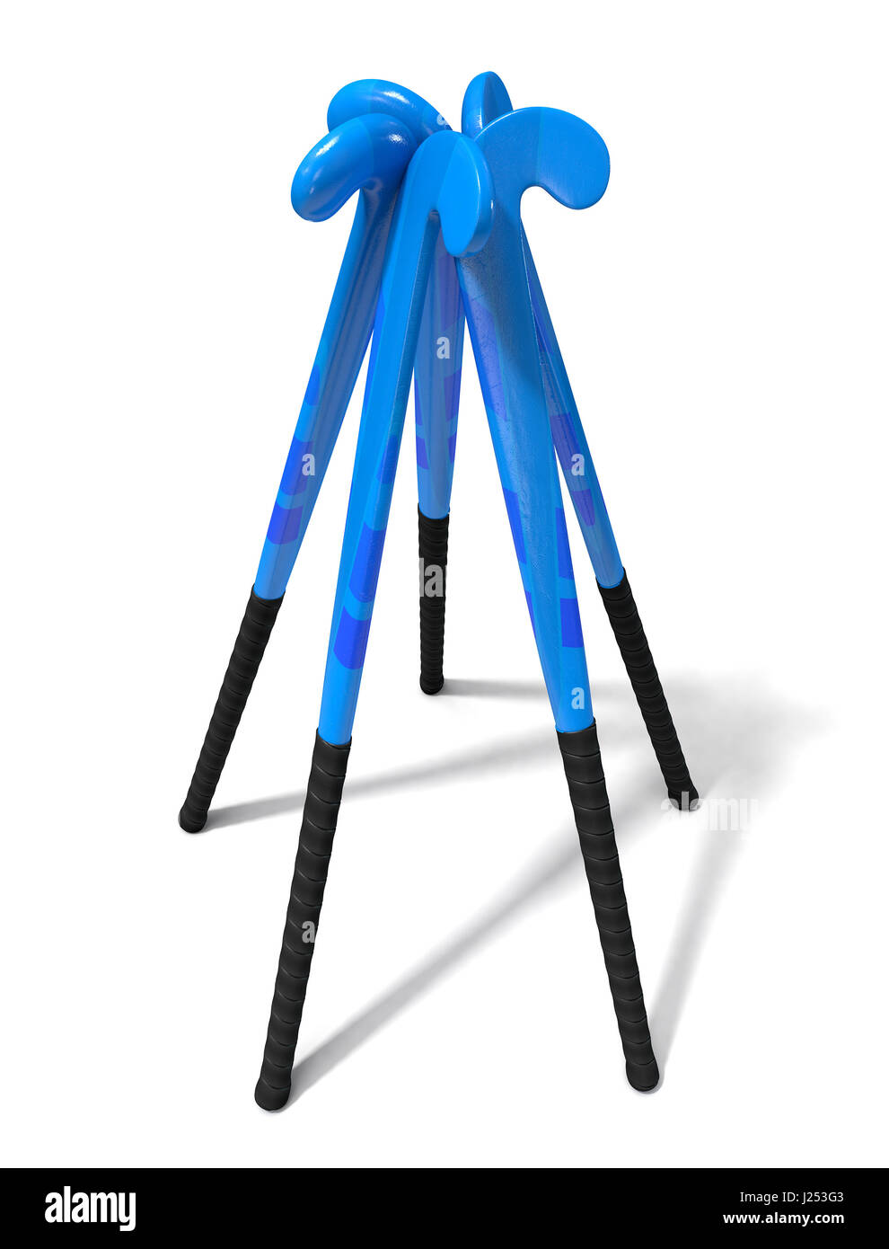 A circular array of blue and black field hockey sticks on an isolated ...