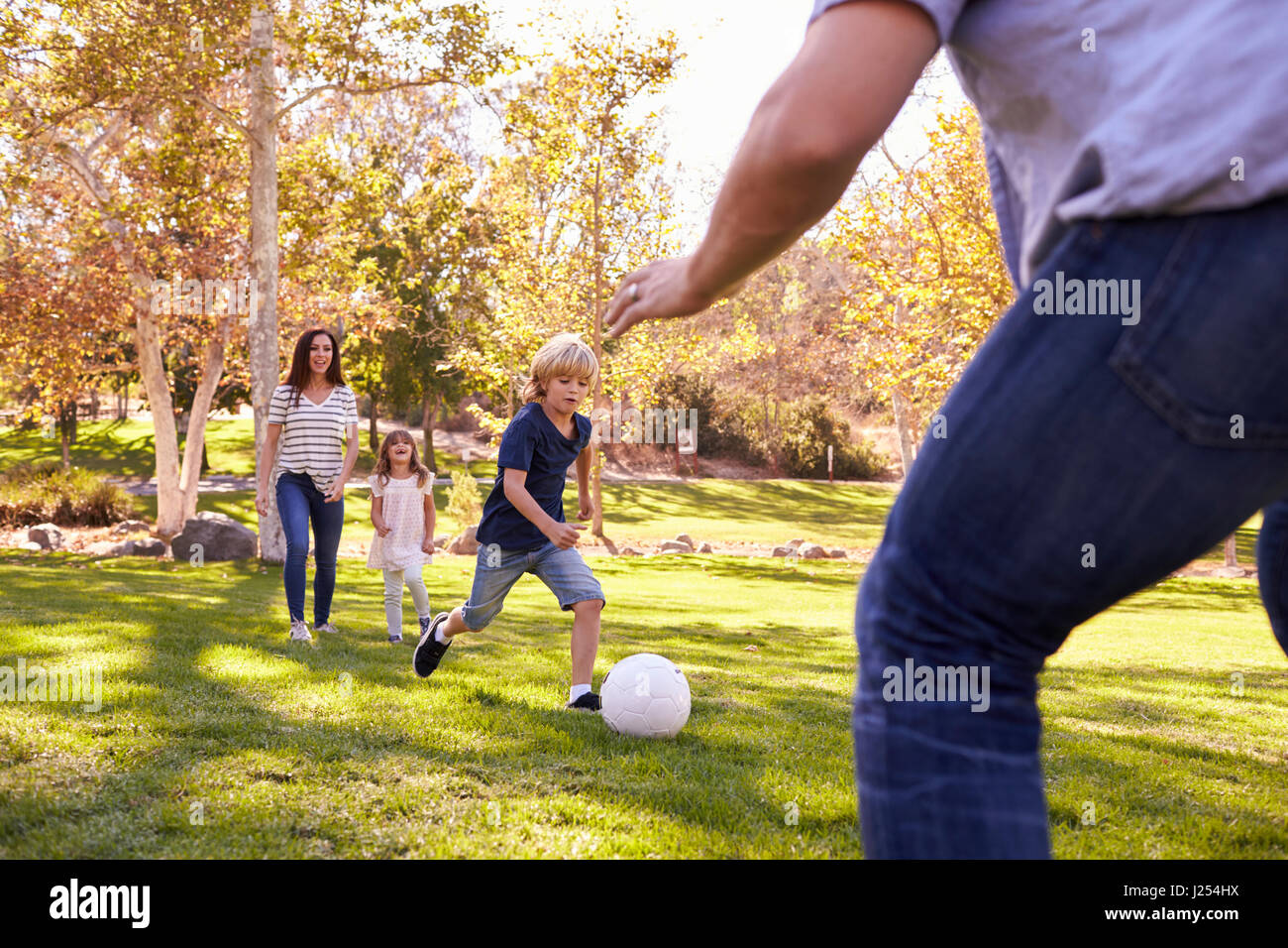 Family Playing Soccer In Park Together Stock Photo - Alamy