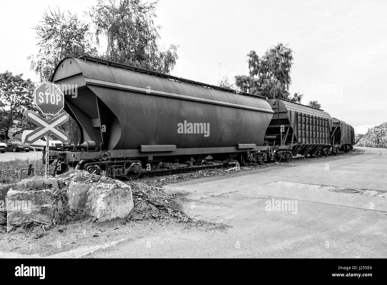 Railway freight wagons in the port warehouse area waiting for unloading ...