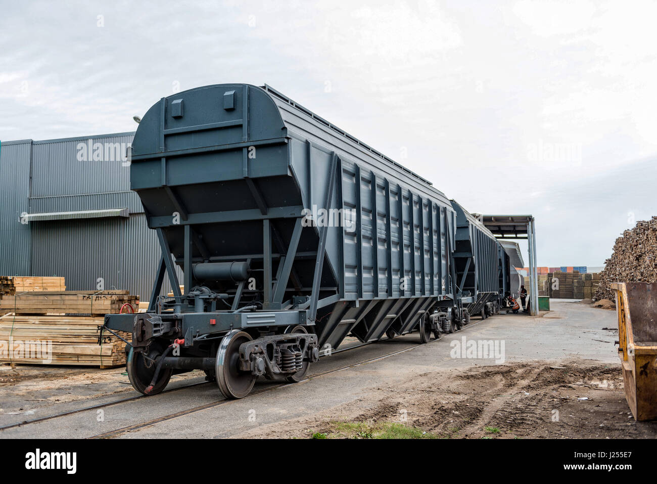 Railway freight wagons in the port warehouse area waiting for unloading ...