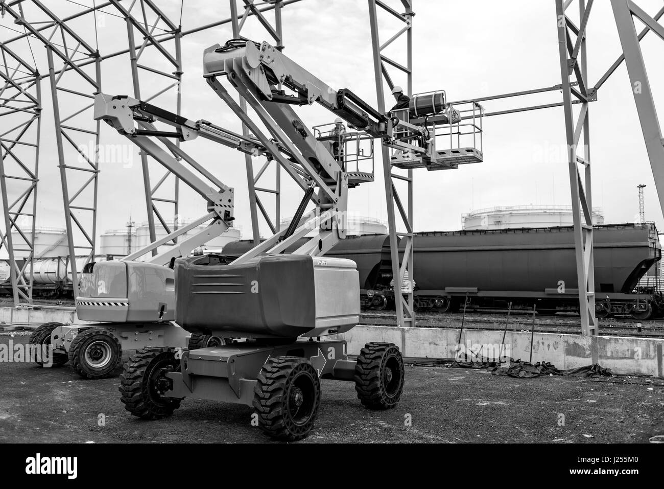 Lift with platform work in warehouse hangar construction field Stock ...