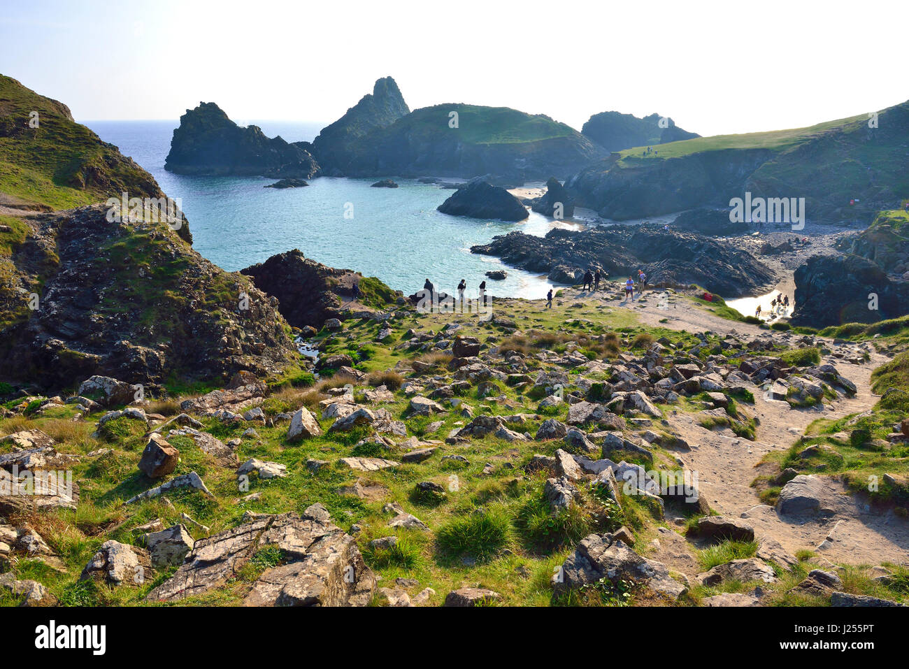 People enjoying the white sand at Kynance Cove, Helston, Lizard ...