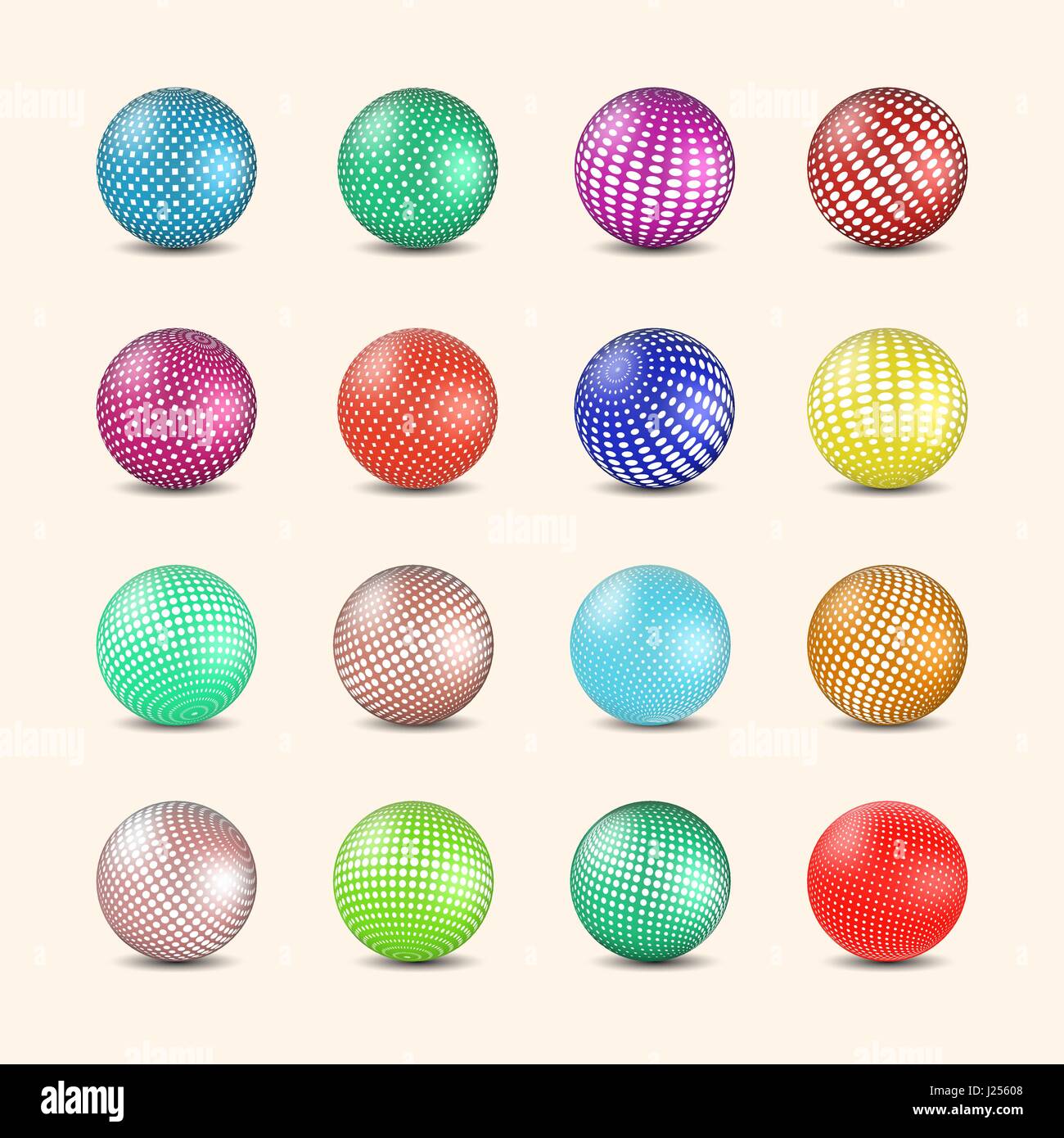 Set of glossy colored balls with halftone fill and shadow, isolated on ...