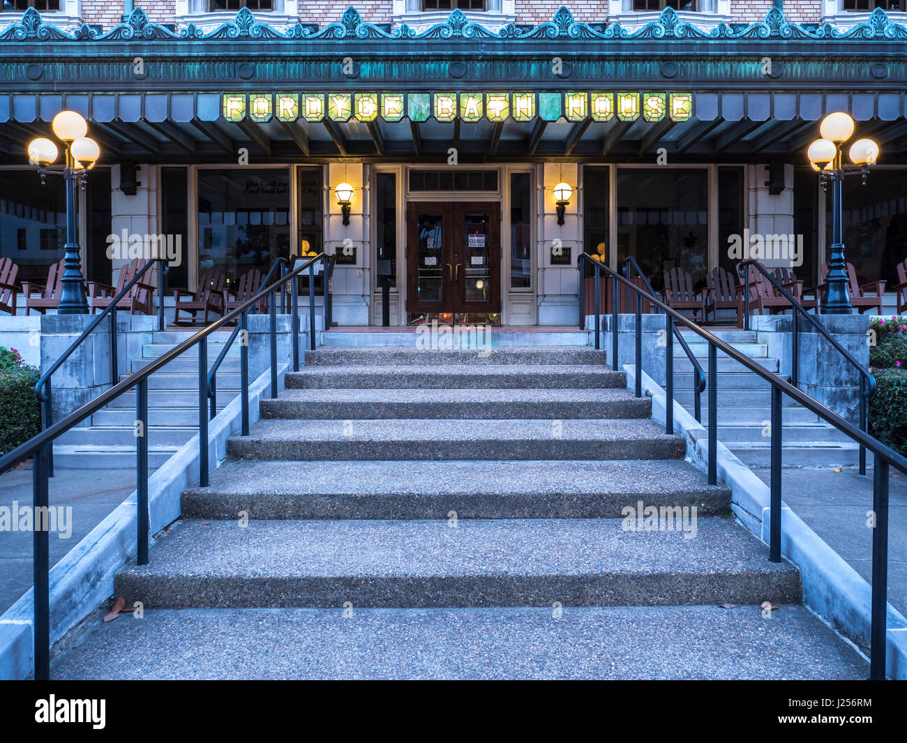 Fordyce Bathhouse at dusk, Bathhouse Row, Hot Springs National Park ...