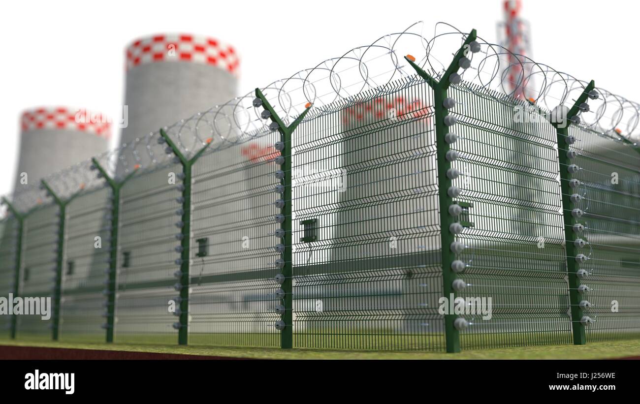 Fence security object nuclear power plant with power of detention. 3d ...