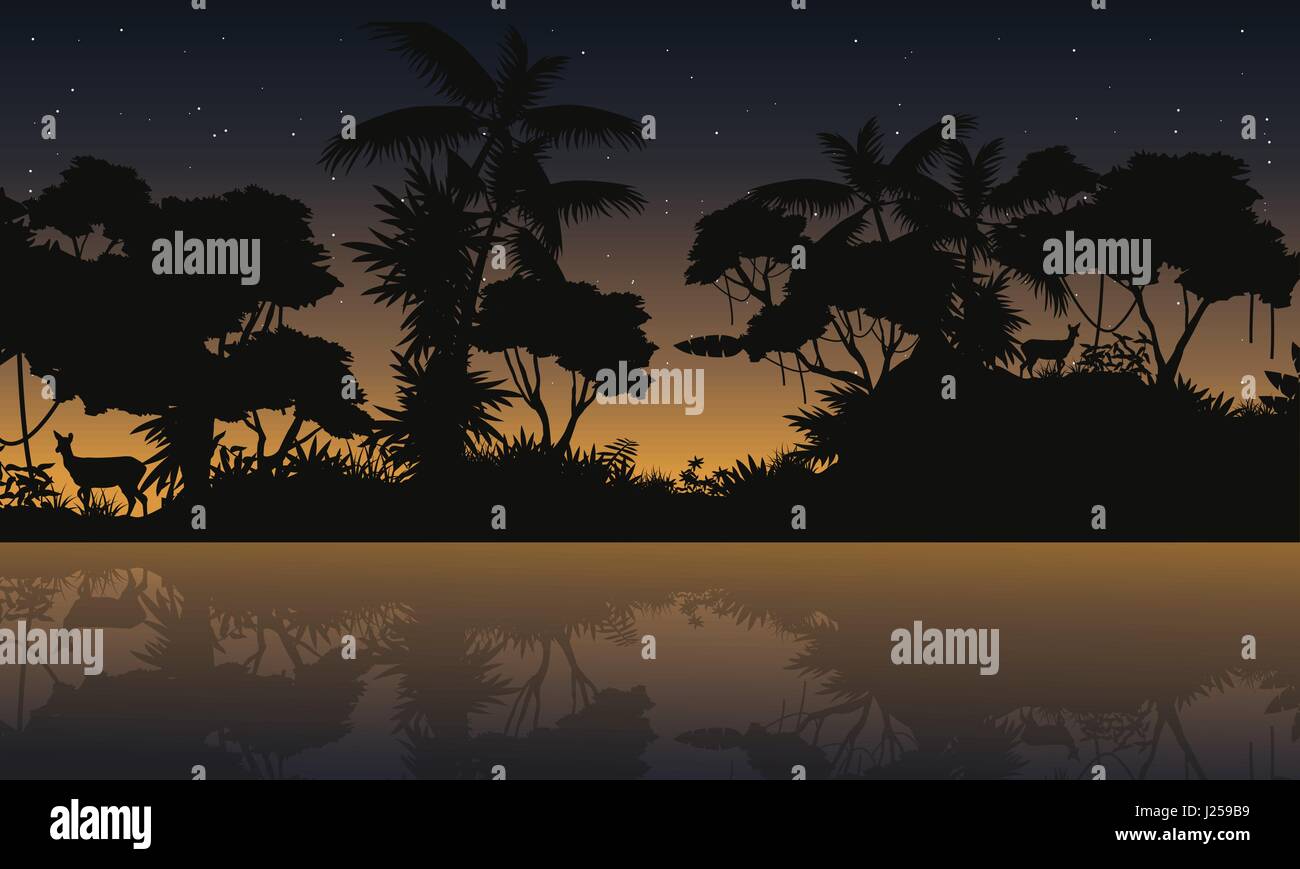 Silhouette jungle with lake beauty landscape Stock Vector Image & Art ...
