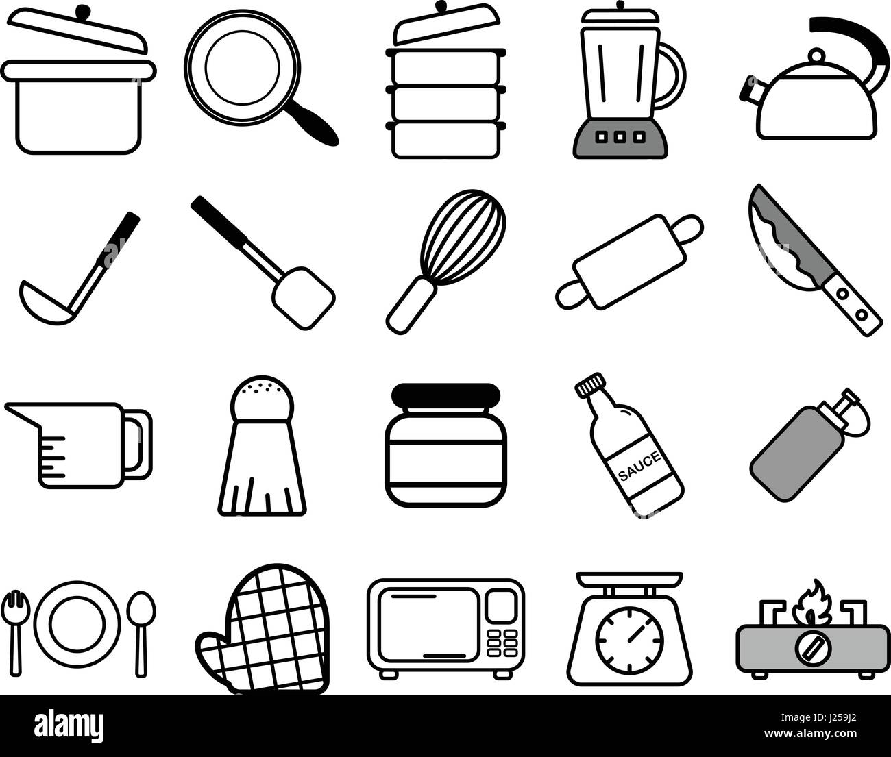 Kitchenware outline icons set for tools and appliances equipment ...