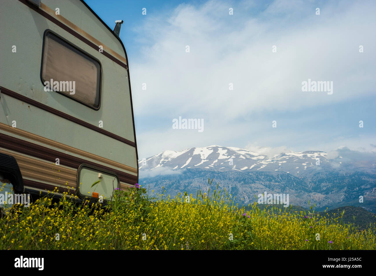 A camping trailer parked in the mountains of central Crete, Greece ...
