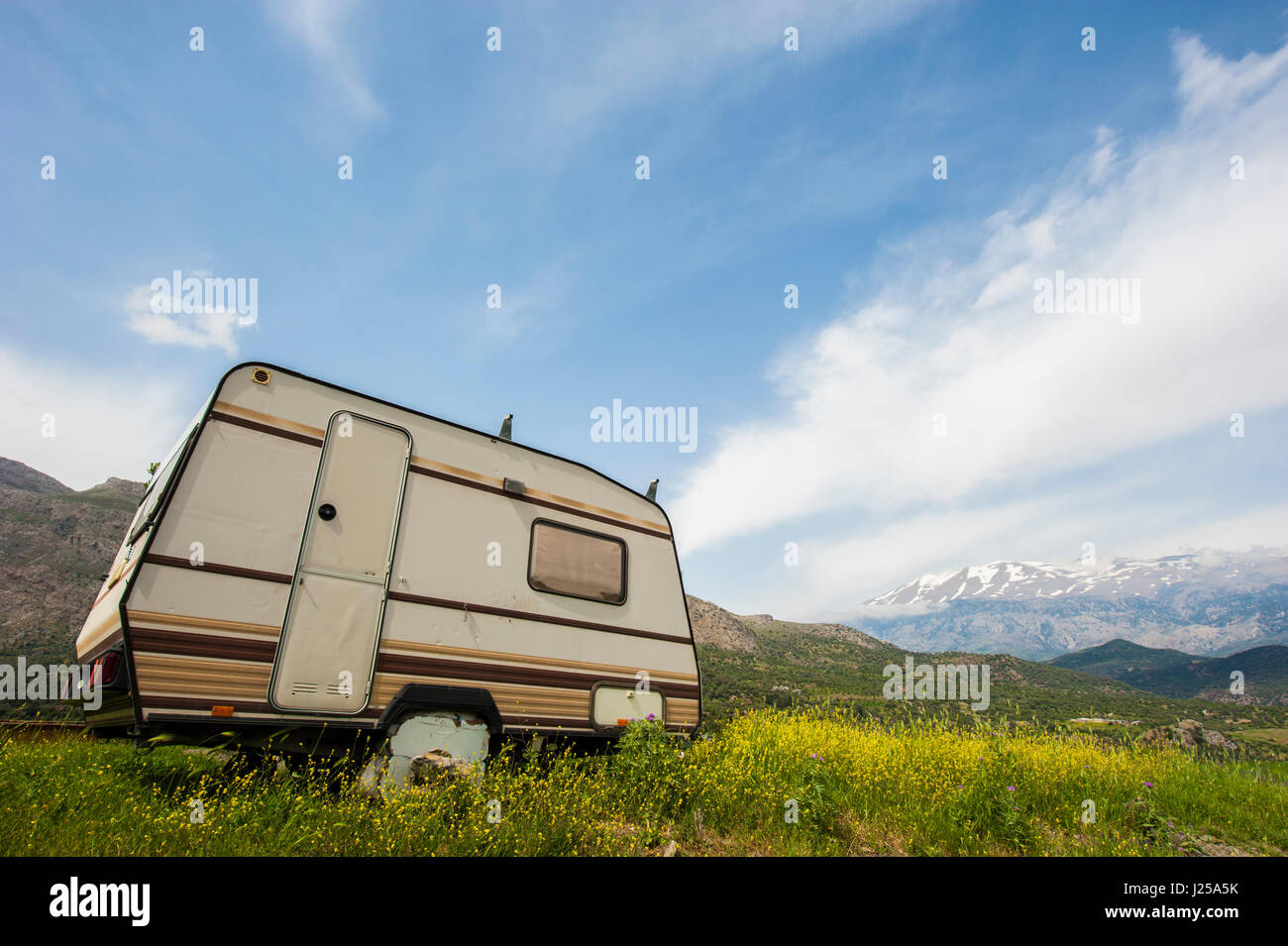 A camping trailer parked in the mountains of central Crete, Greece ...