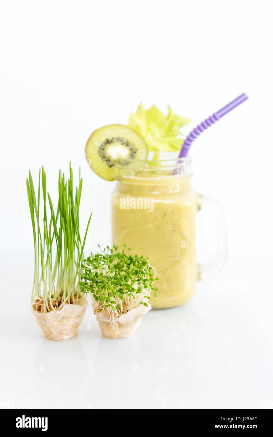 Growing micro greens with smoothie cocktail on white background ...