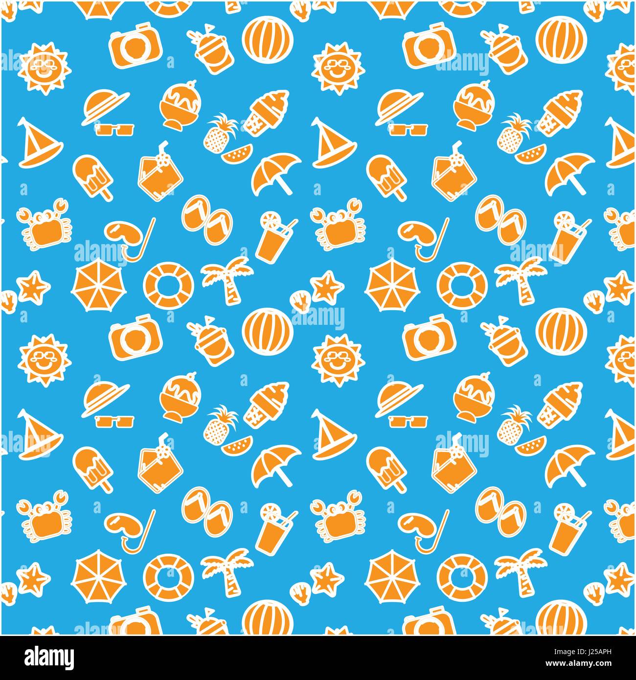 Orange summer items icon with white outline vector pattern on blue ...