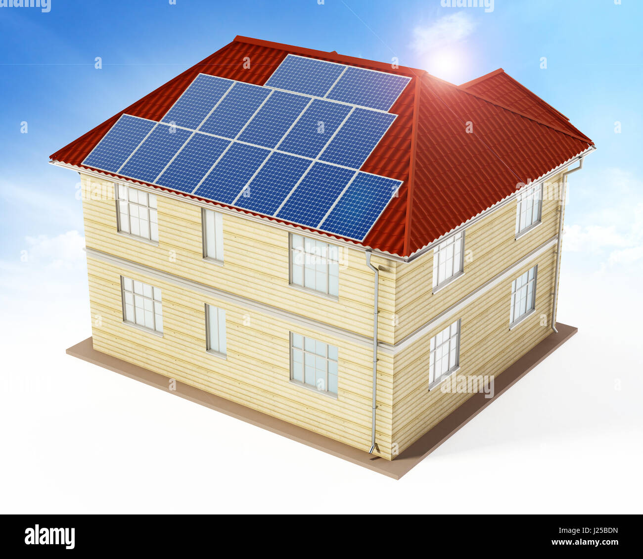 Solar panels being installed on building rooftop. 3D illustration Stock ...