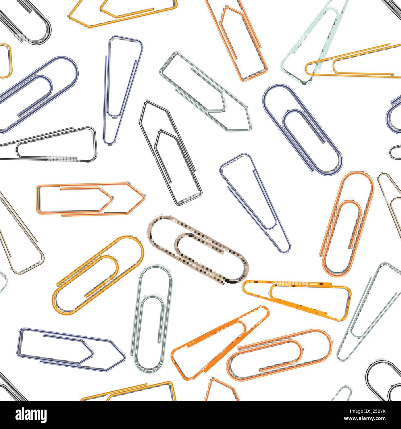 A lot of different metal paper clips on white background, seamless ...