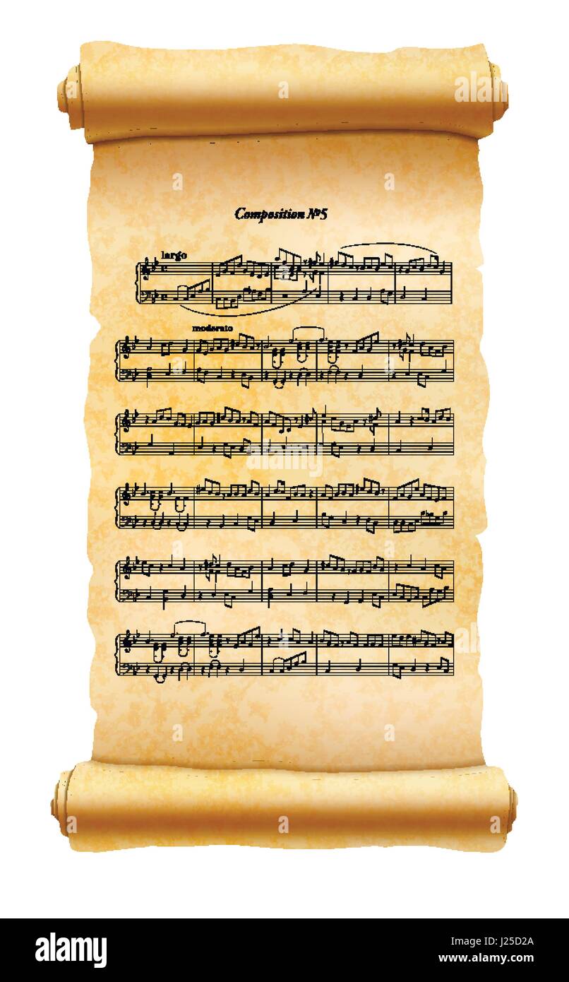 Old textured papyrus scroll with musical composition sheet isolated on ...