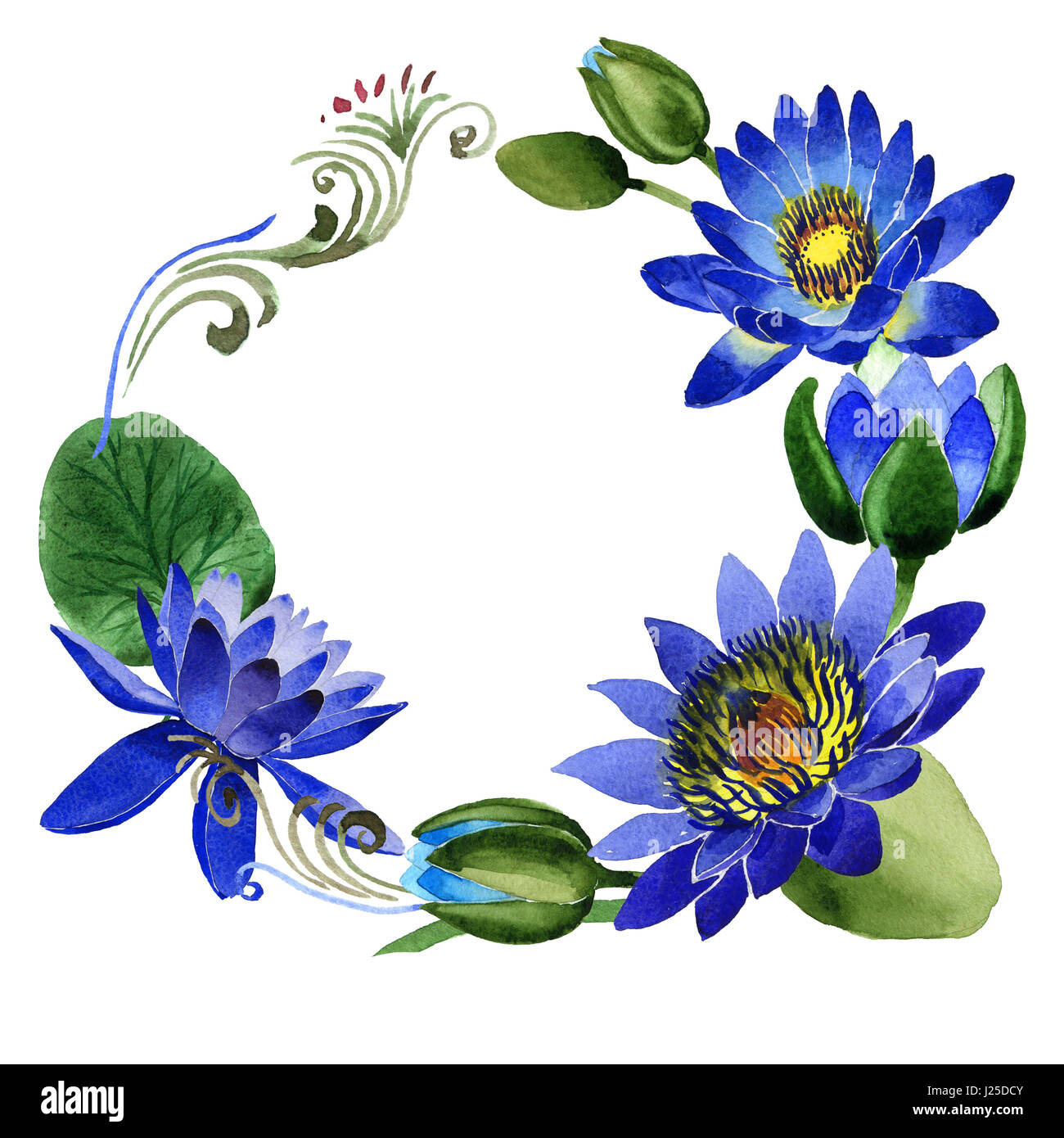 Wildflower blue lotus flower frame in a watercolor style isolated. Full ...