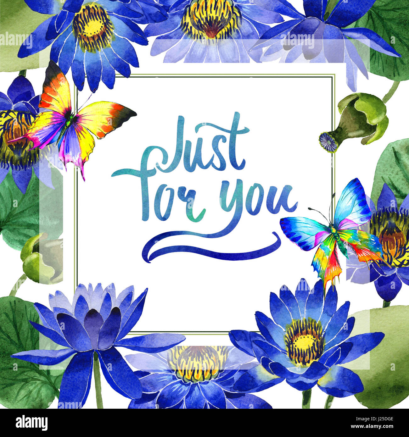 Wildflower blue lotus flower frame in a watercolor style isolated. Full ...