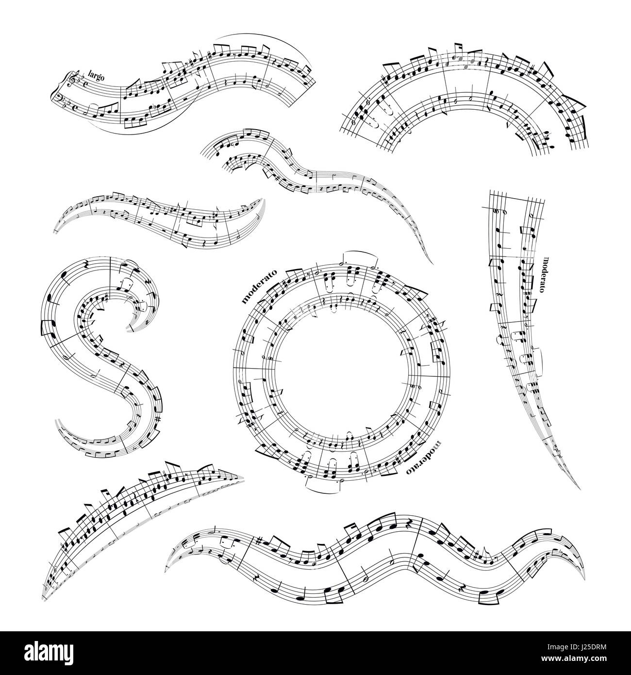 Musical notes on stave in different shapes, design elements isolated on ...