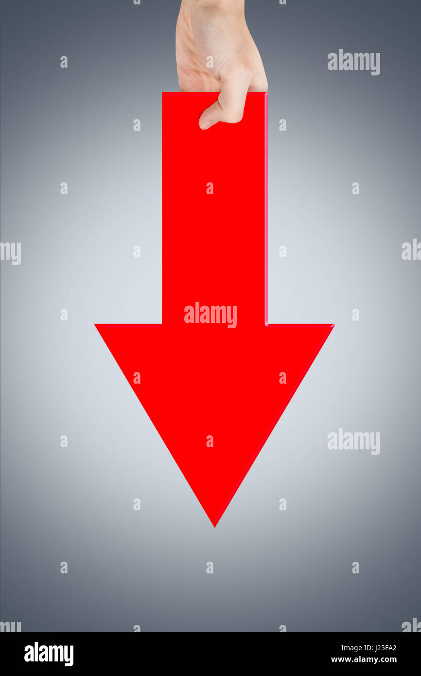 Illustrative abstract view of red arrow sign to down direction, holding ...