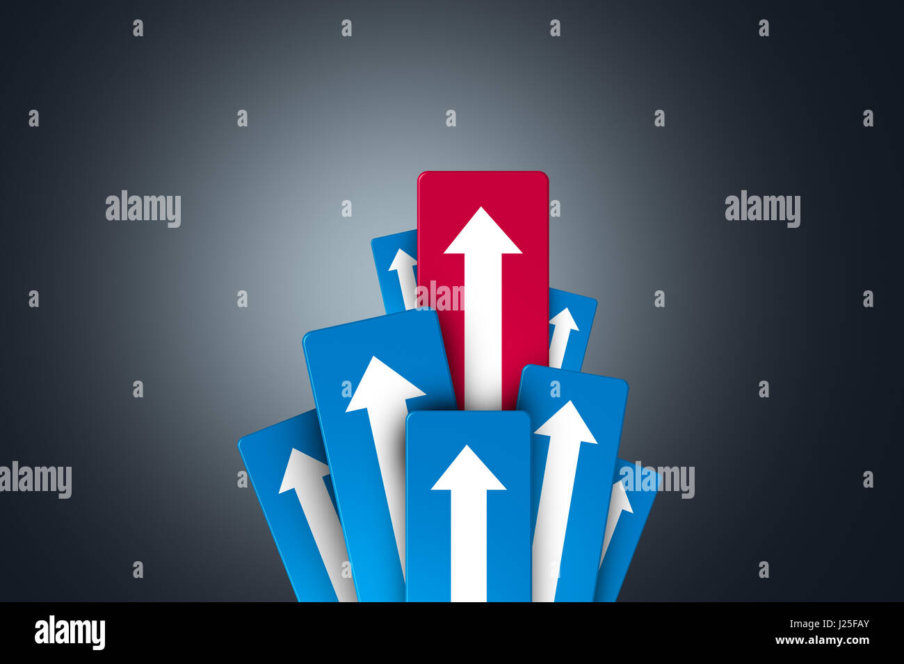 Abstract illustrative view of arrow signs with one red stepping forward ...