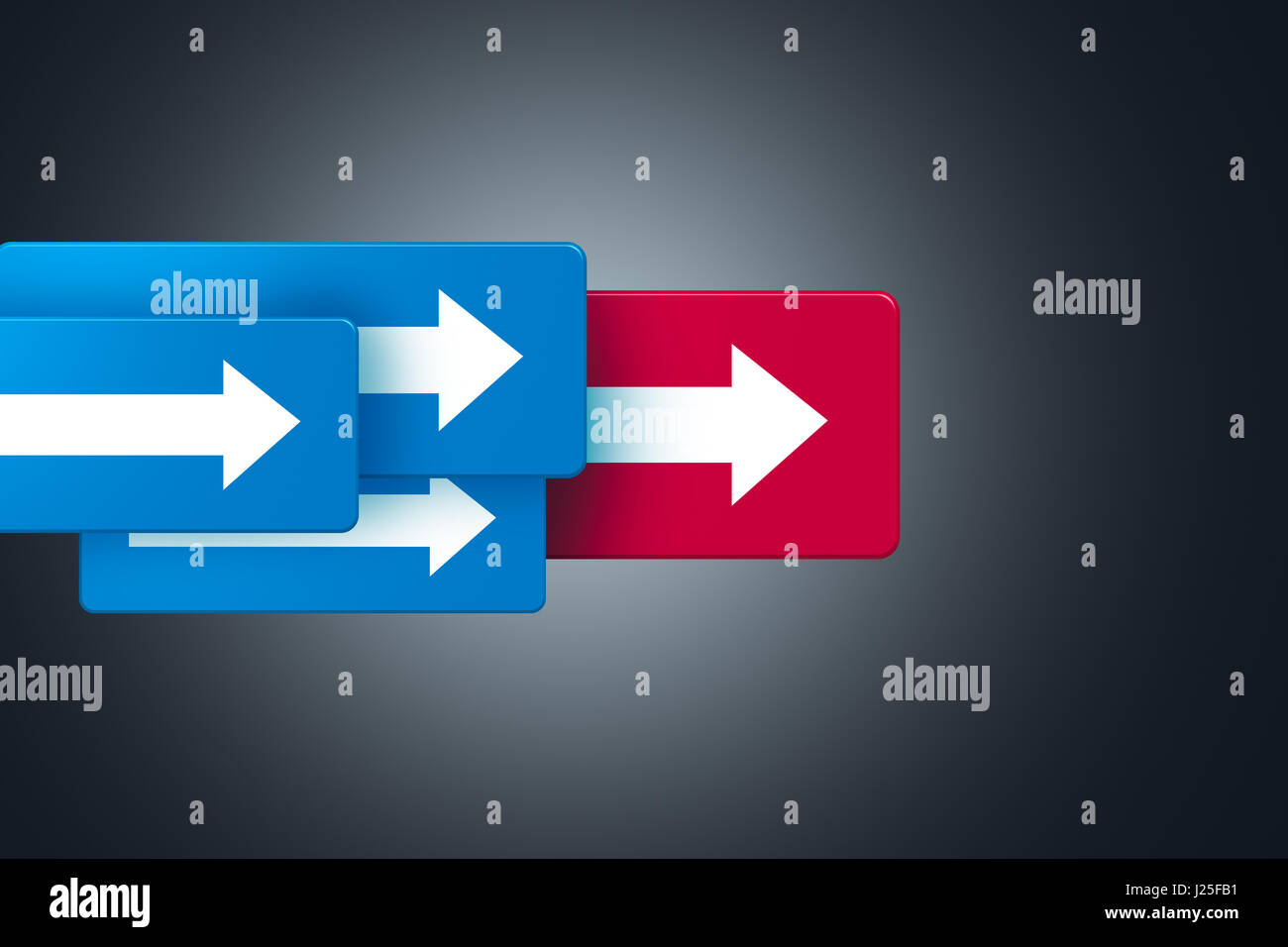 Abstract illustrative view of arrow signs with one red stepping forward ...