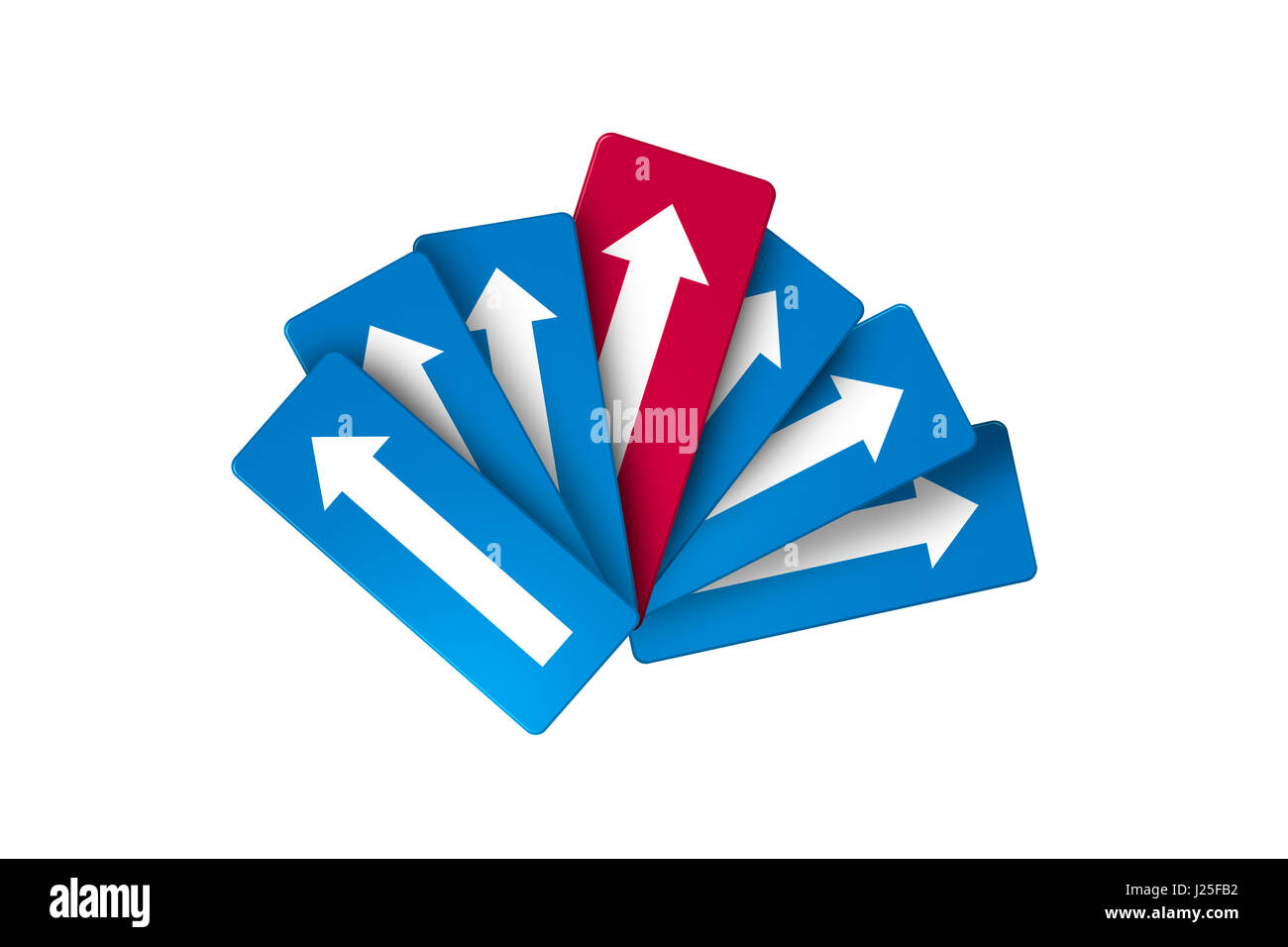 Abstract illustrative view of arrow signs with one red stepping forward ...