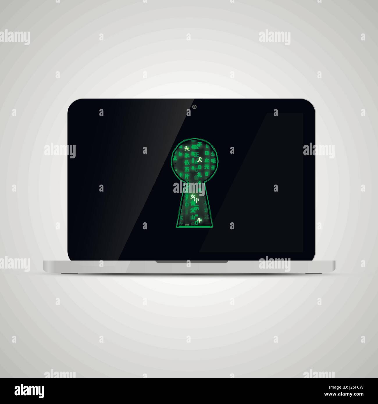 Realistic glossy laptop with matrix code in keyhole shape. Computer ... Realistic glossy laptop with matrix code in keyhole shape. Computer ...
