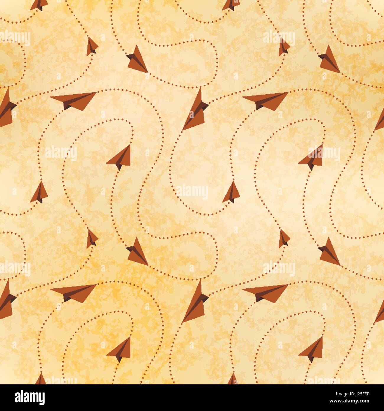 Paper airplanes fly on routes, map on old textured paper, seamless ...