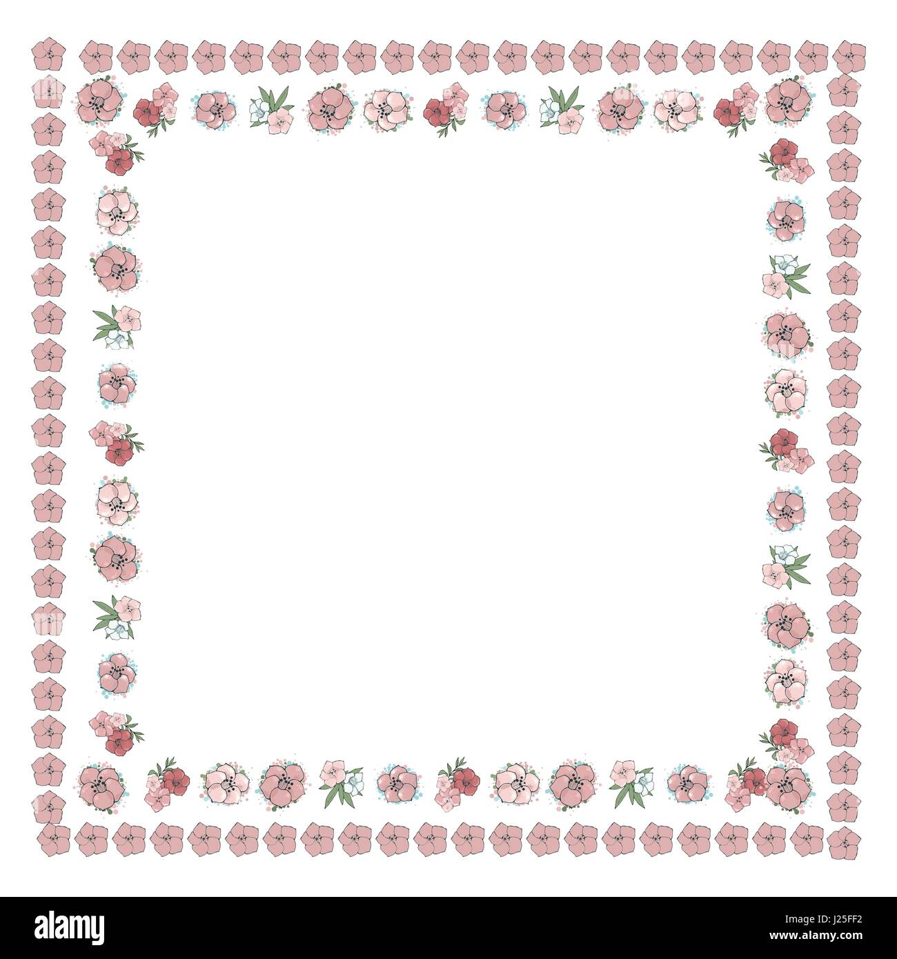 Floral frame with gentle pink flowers. Nature square hand drawn border ...