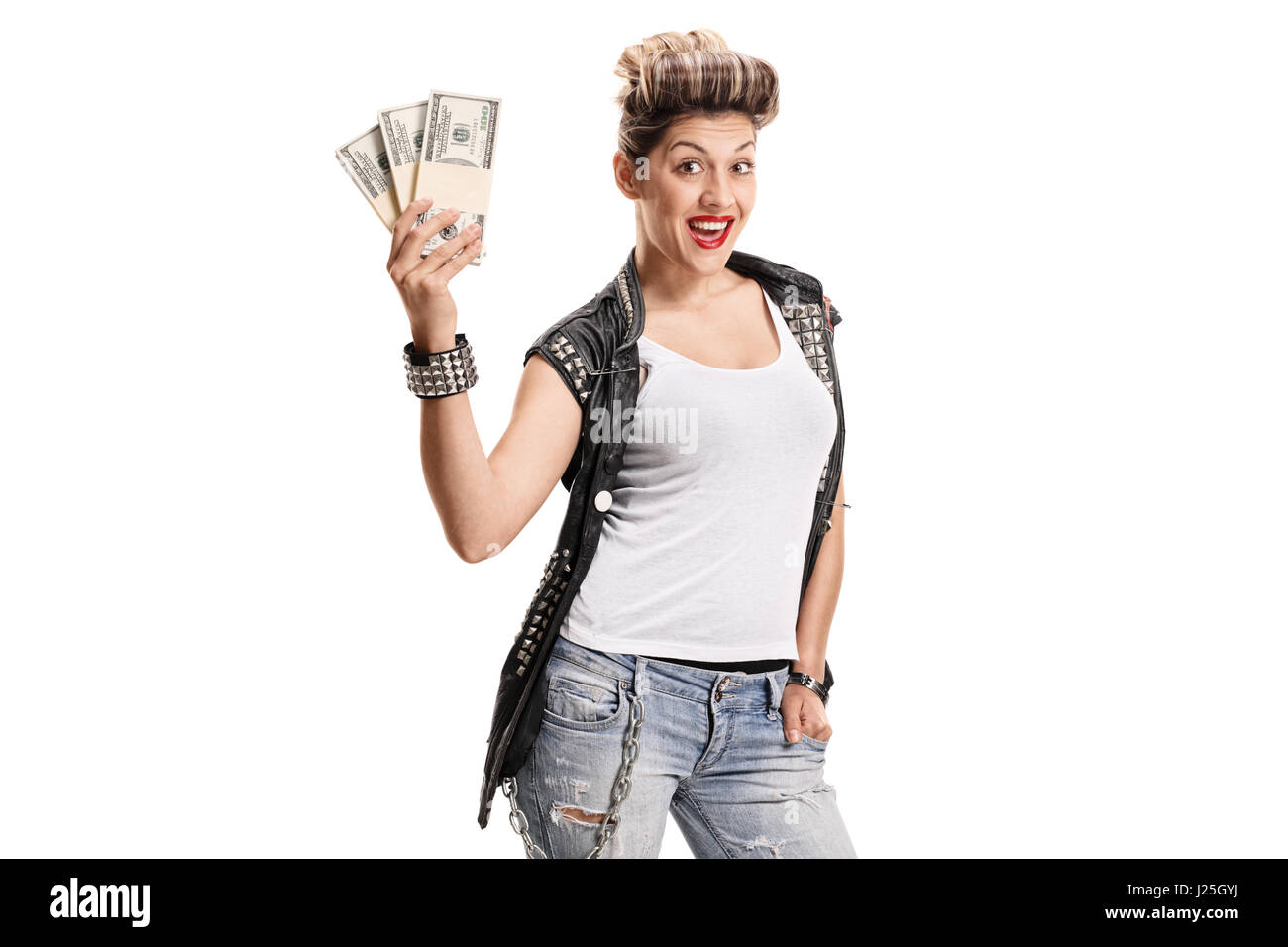 Joyful punk girl with bundles of money isolated on white background ...