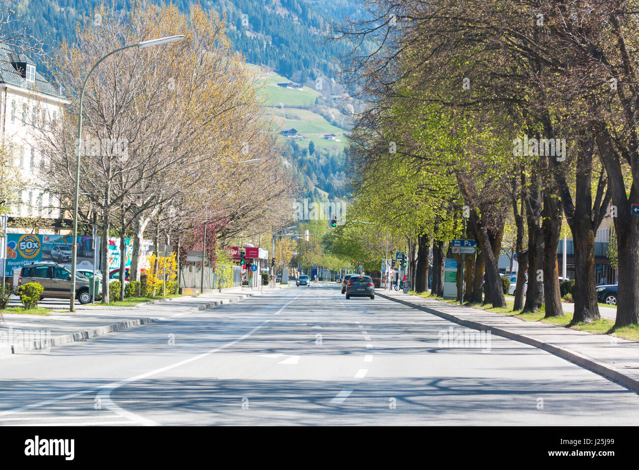 European Highway, small town with cars and Mountains in Austria Stock ...
