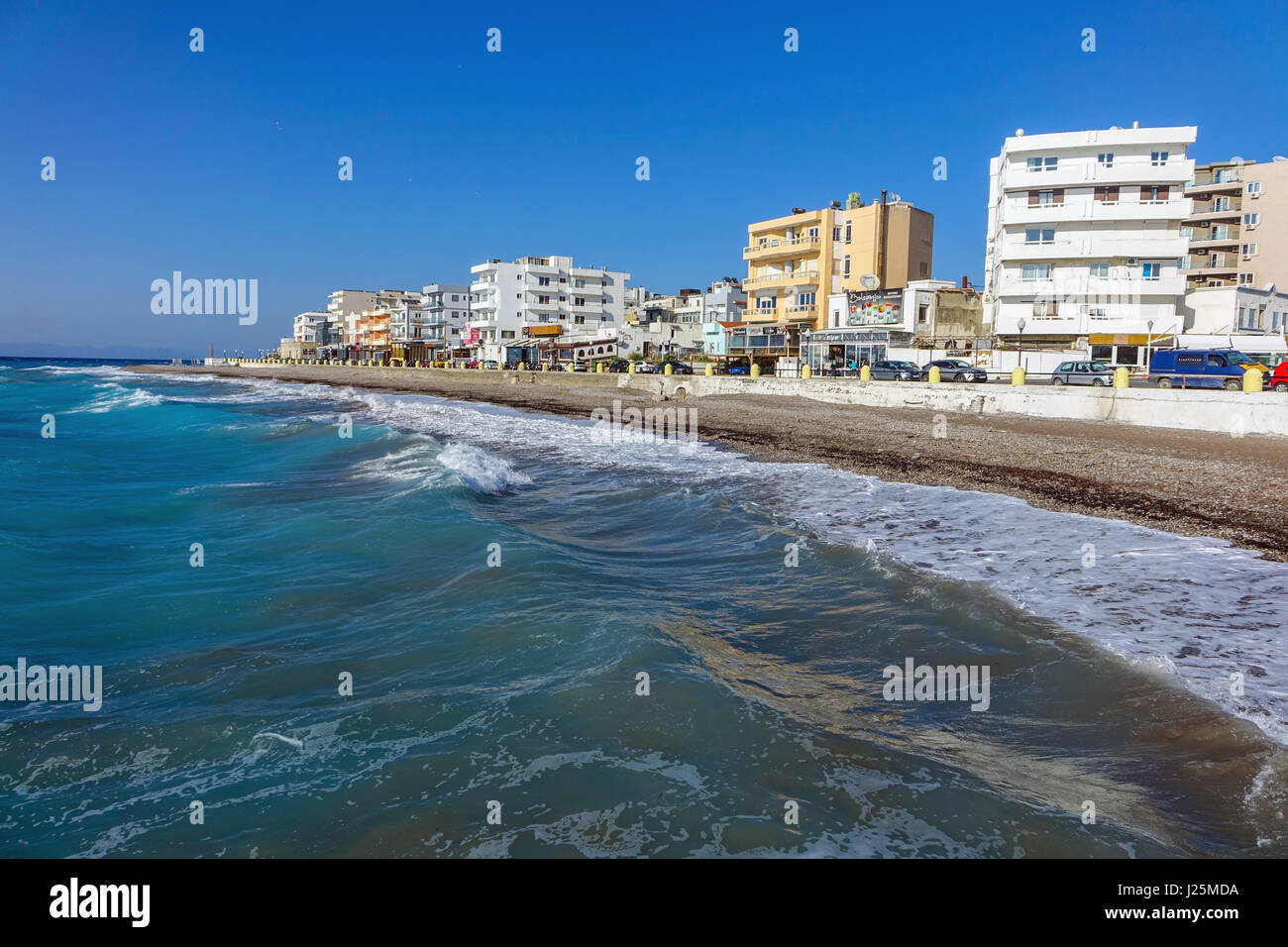 Windy Beach and western seafront of Rhodes Town, Rhodes, Dodecanese ...