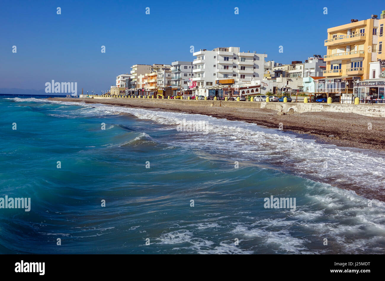 Windy Beach and western seafront of Rhodes Town, Rhodes, Dodecanese ...