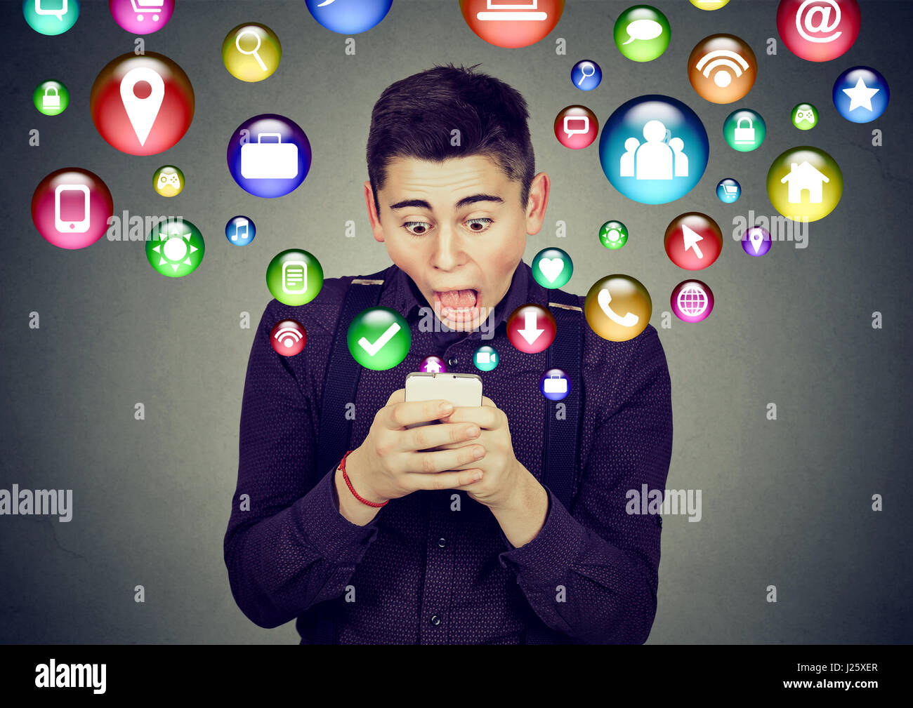 Communication technology mobile phone high tech concept. Shocked man ...