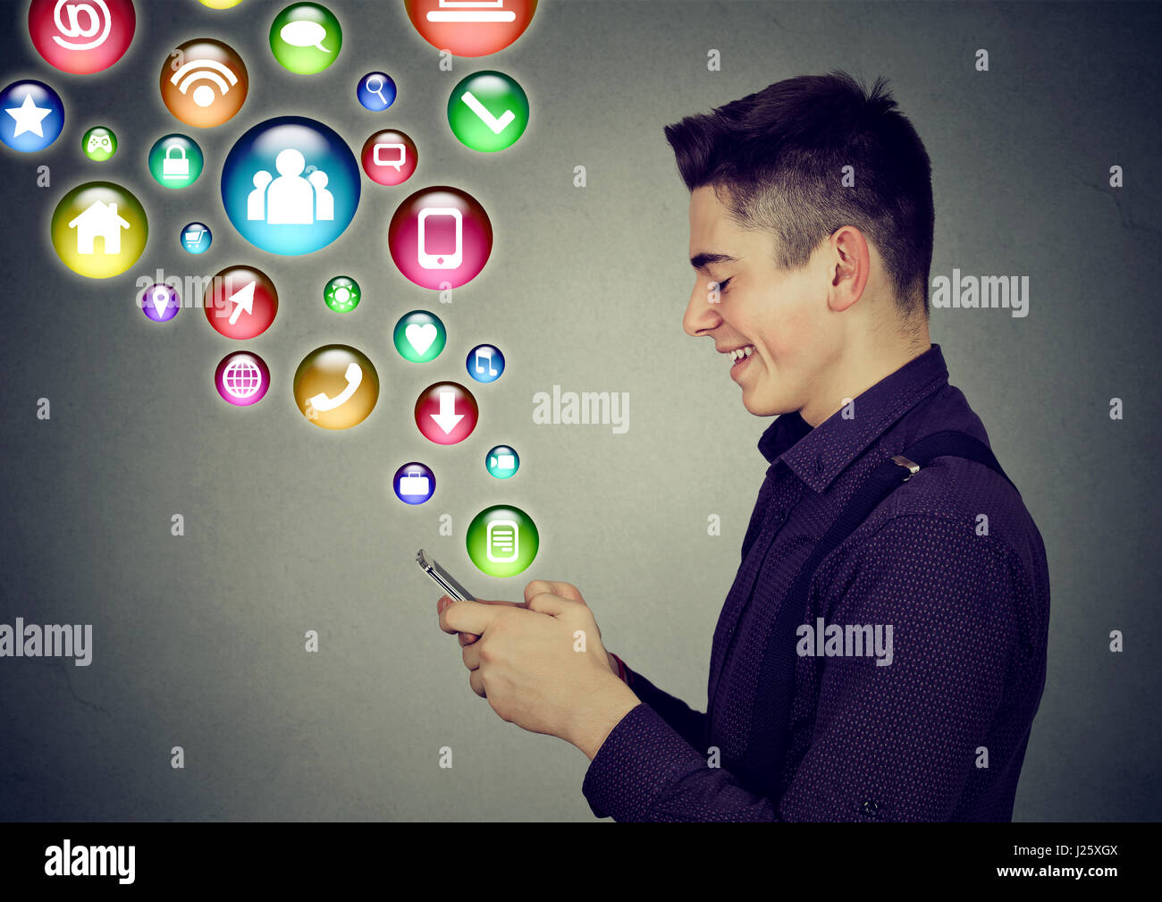 Mobile communication technology high tech concept. Side profile happy ...