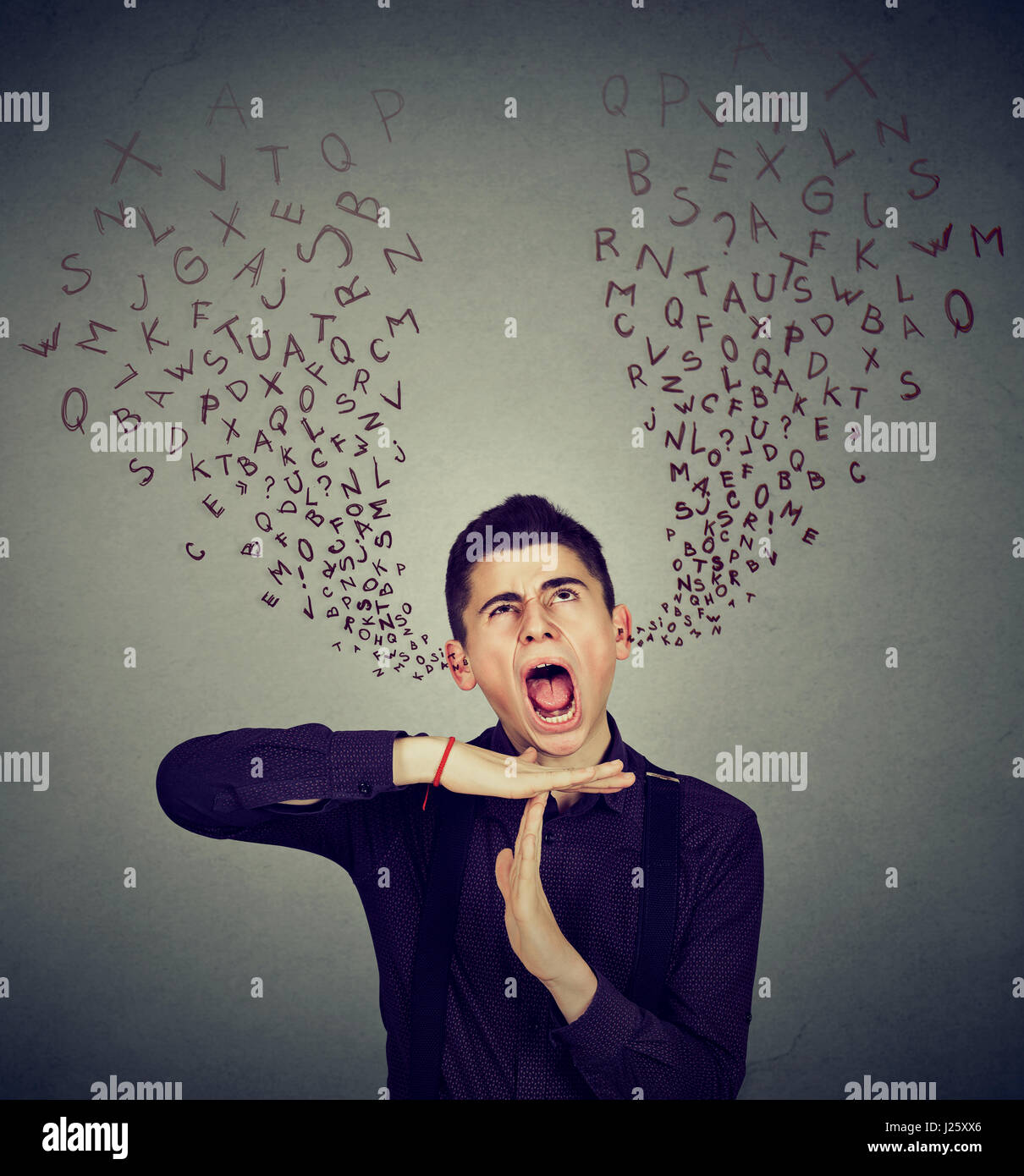 Man showing time out hand gesture screaming alphabet letters coming out ...