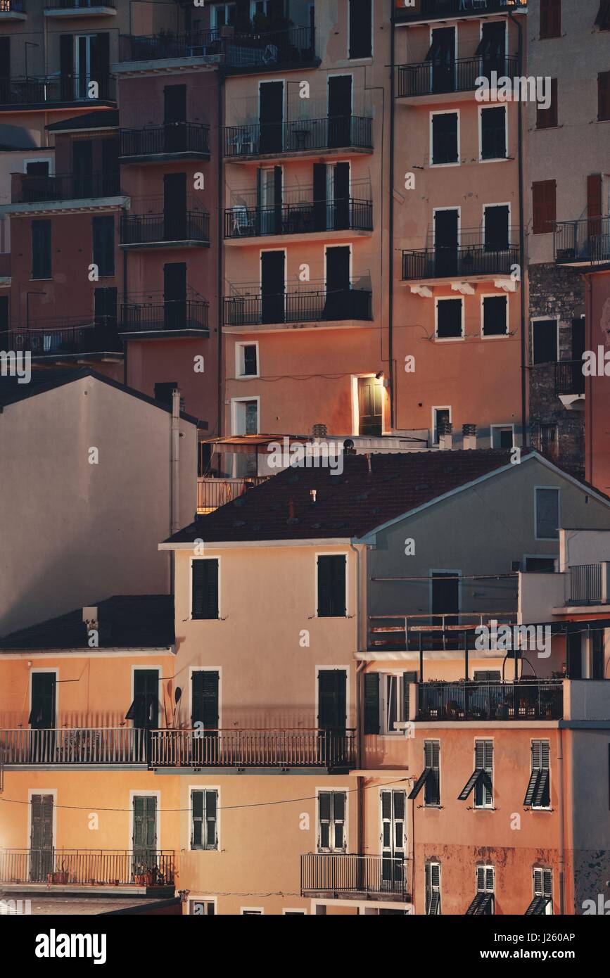 Abstract Italian style building closeup night background in Manarola ...