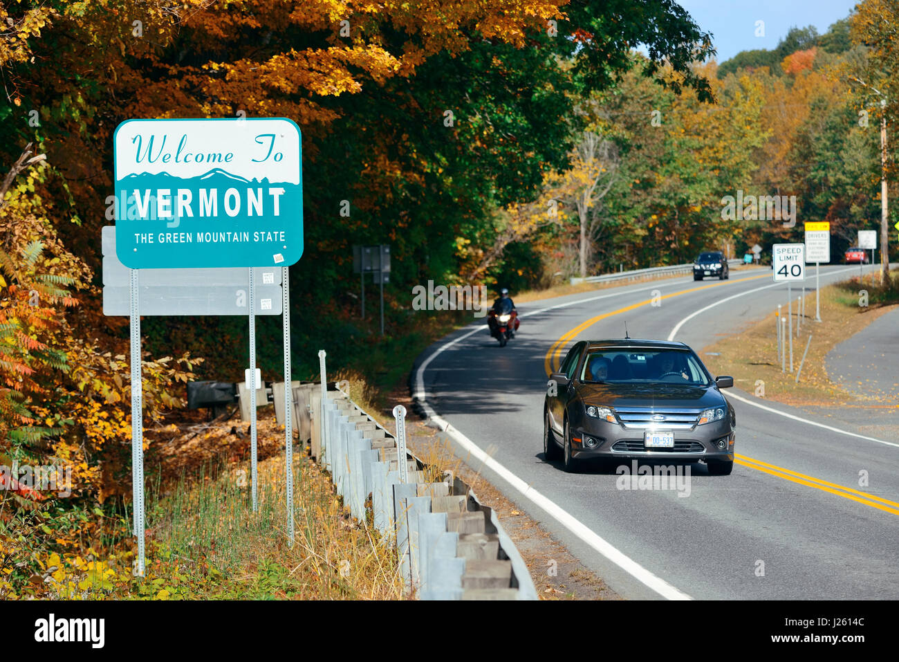VERMONT - OCT 11: Welcome sign and road traffic on October 11, 2015 in ...
