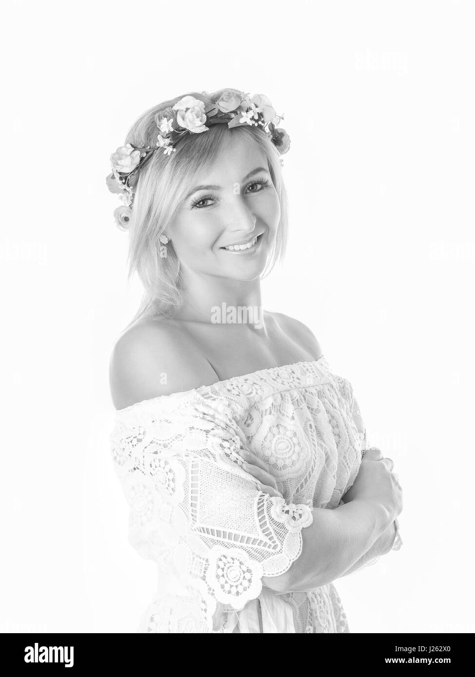 Girl flowers in head Black and White Stock Photos & Images - Alamy