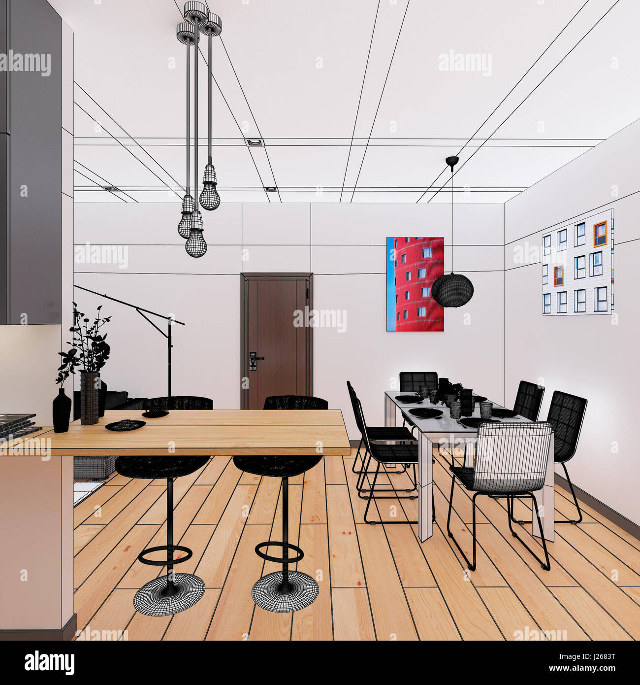 3D Interior rendering of an open space Apartment Stock Photo - Alamy