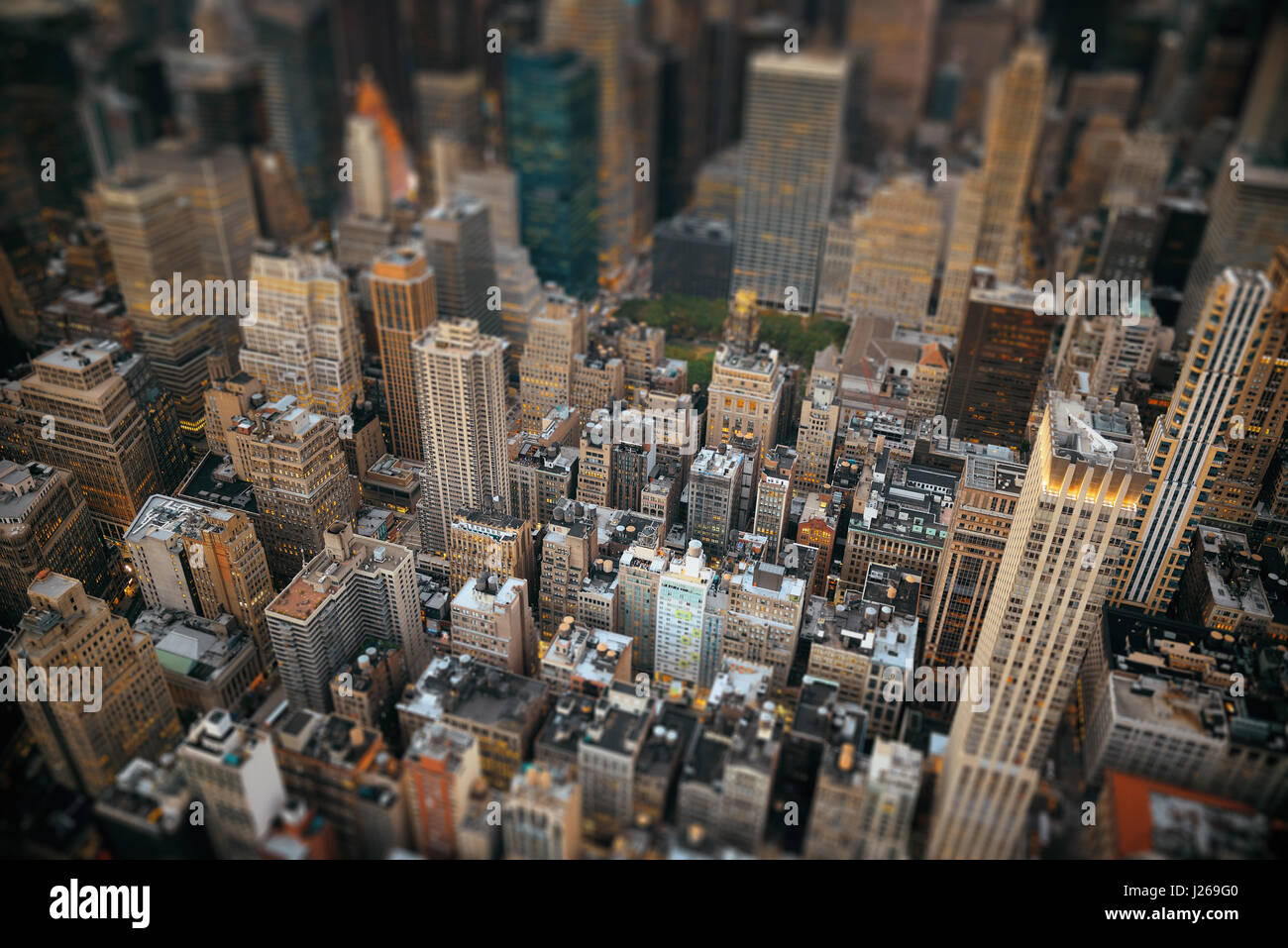 Midtown skyscraper buildings rooftop view tilt-shift in New York City ...