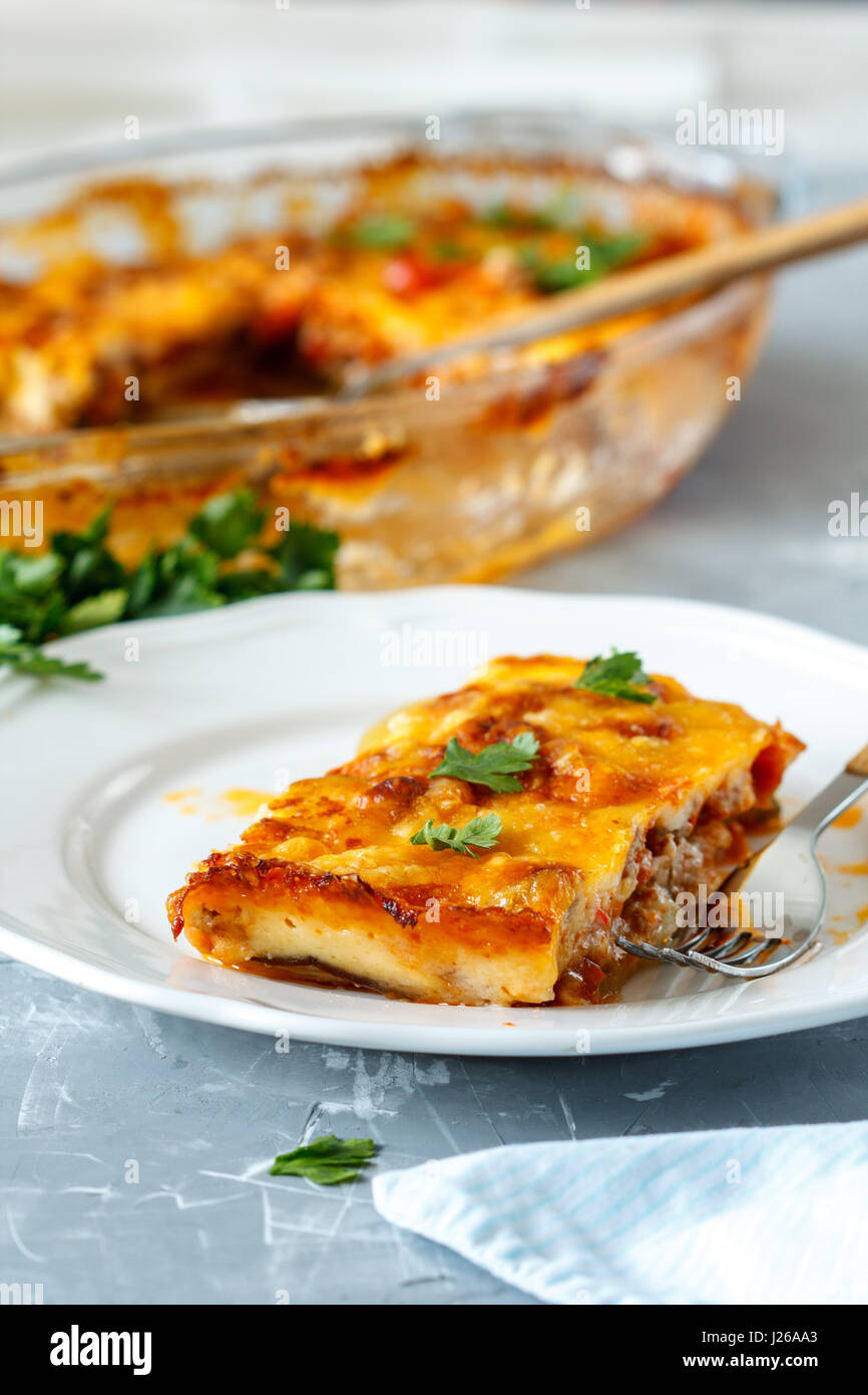 Greek style moussaka with eggplants, ground beef and potatoes Stock ...