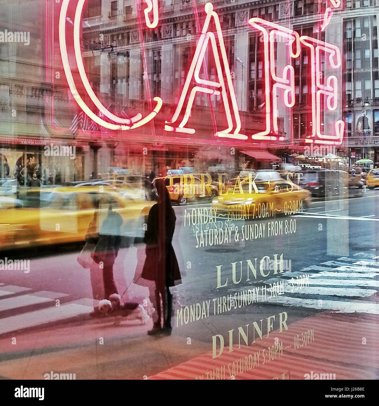 Street reflection in a cafe window, Manhattan, New York, America, USA ...
