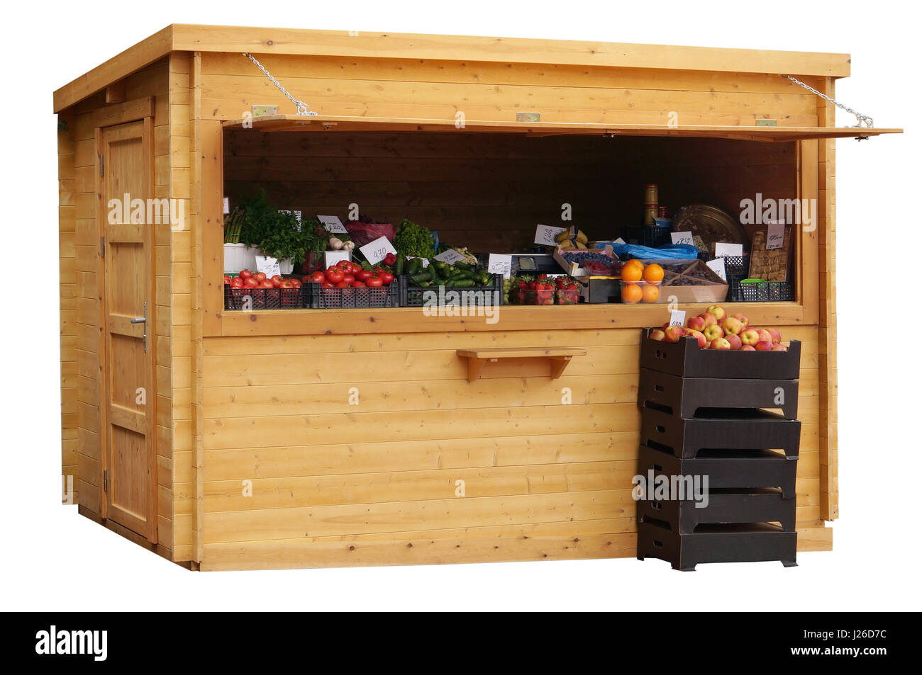 In a wooden no name street booth sell fruit and vegetables. Isolated ...