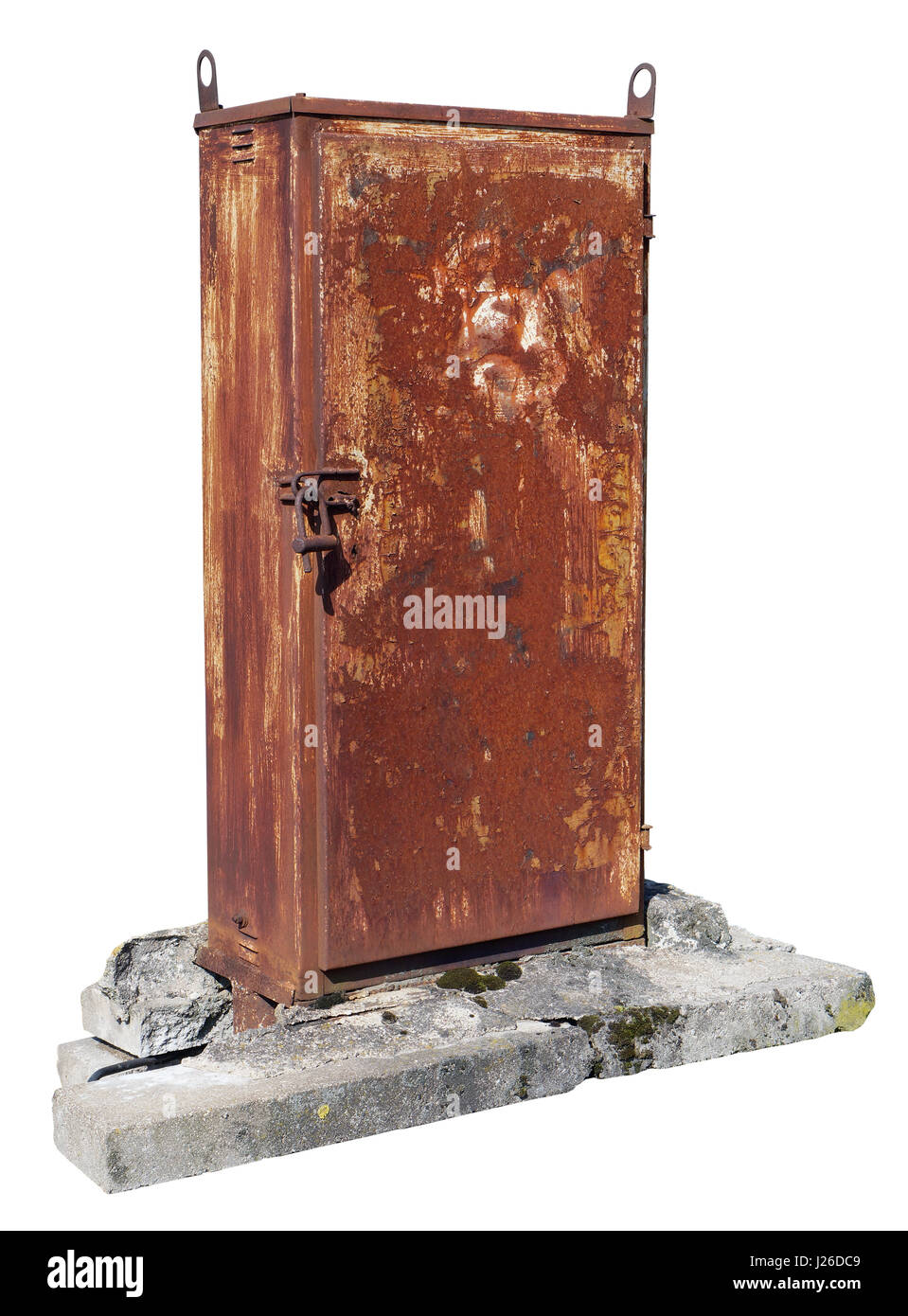 The ugly rusty metal small locked shed on the basis from concrete ...