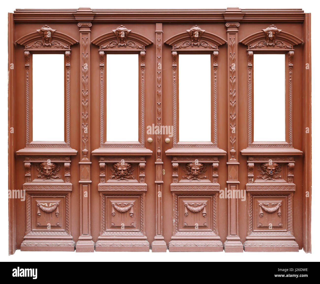 Big wide brown vintage wooden door with retro ornament. Frame and glass ...