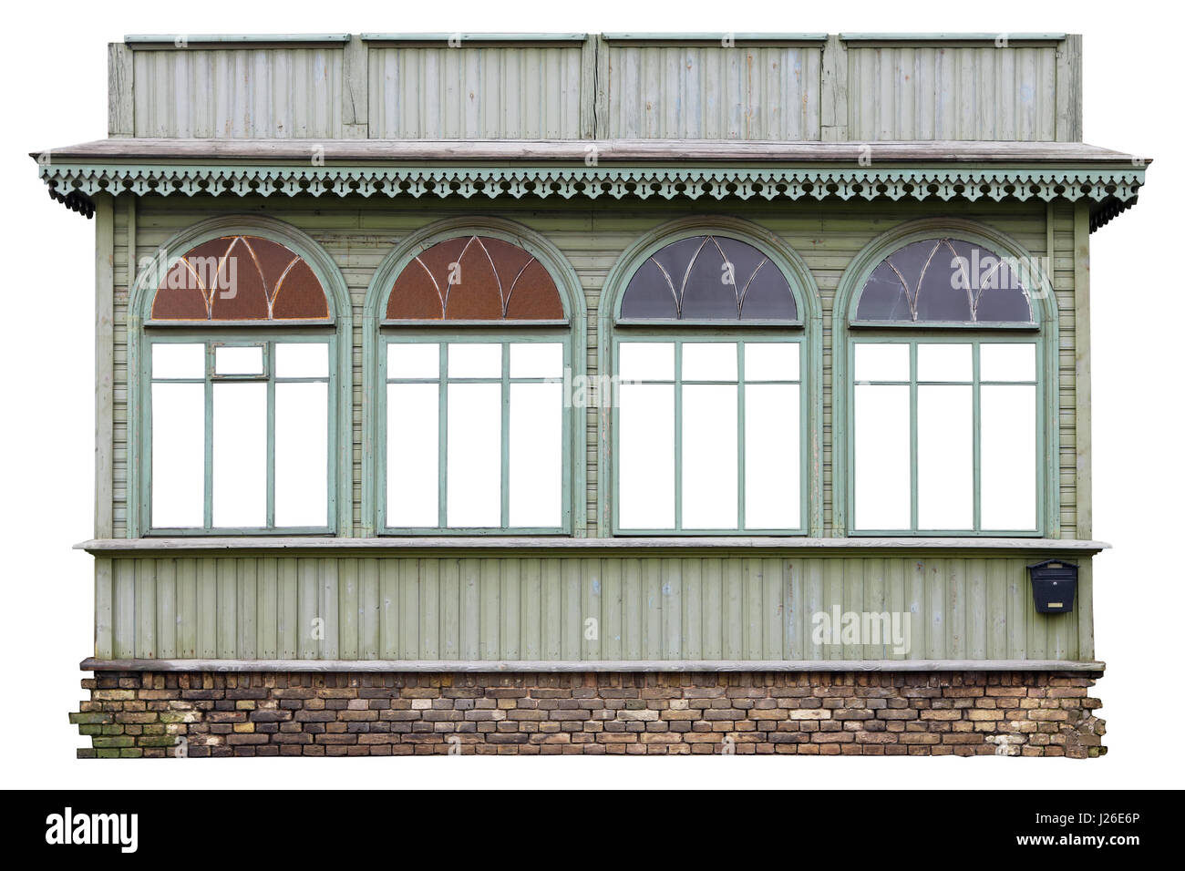 Four windows in the wooden green vintage retro house. Wall and glass ...