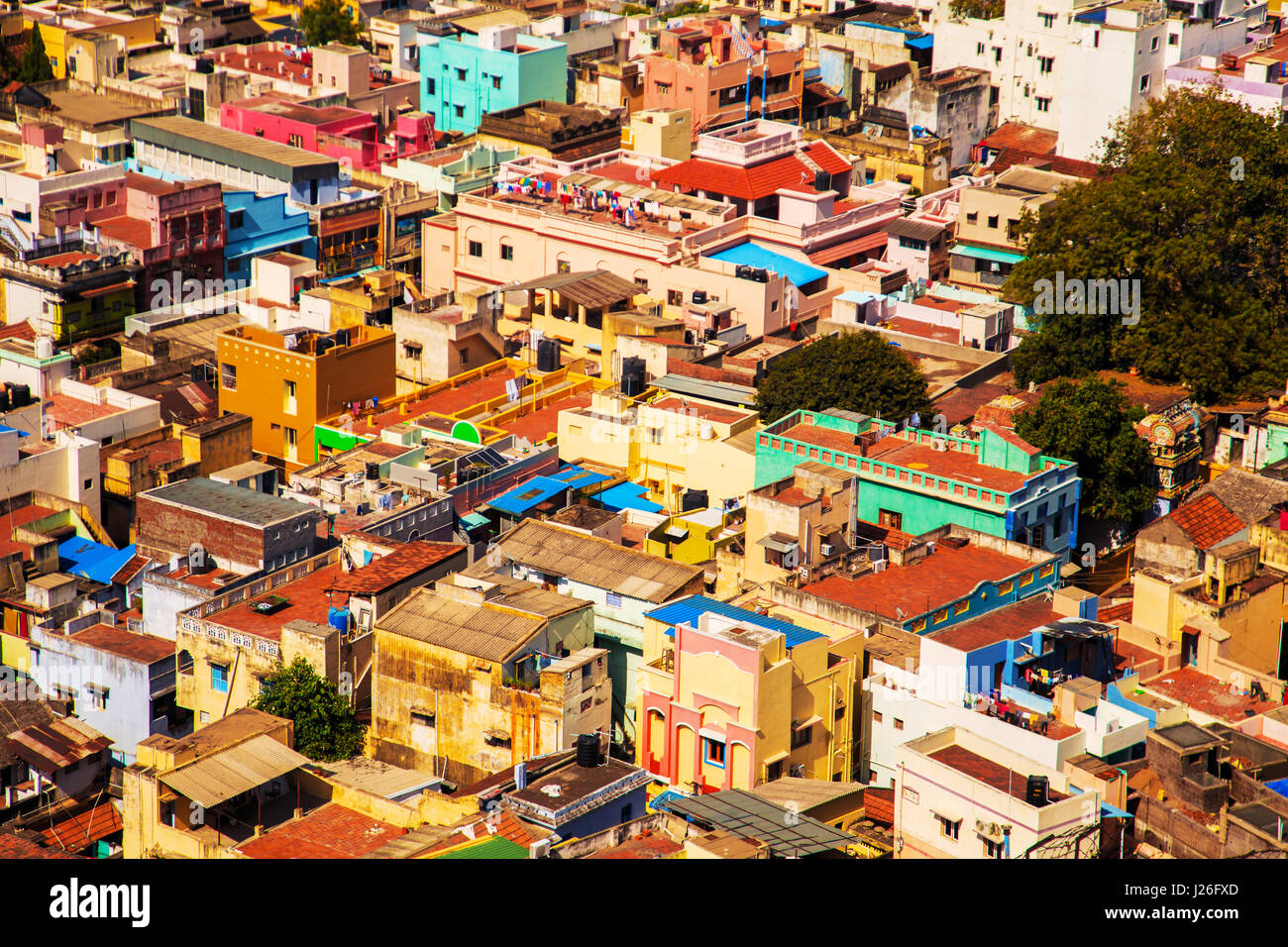 Colored traditional houses in Trichy, South India. Top view Stock Photo ...